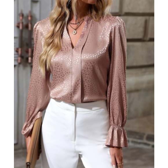Tops | Luxe Champagne Jacquard Satin Blouse | Poshmark